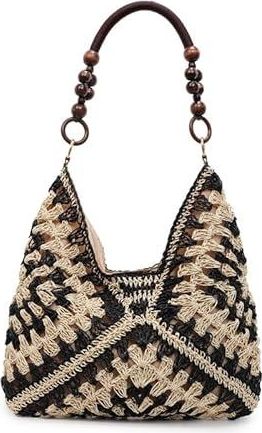 Generic Sac fourre-tout tiss&eacute; pour femme, sac &agrave; main en paille, grand sac &agrave; main &agrave; bandouli&egrave;re tendance, accessoire de plage boh&egrave;me d&eacute;contract&eacute; d&eacute;t&eacute;, Noir, 20