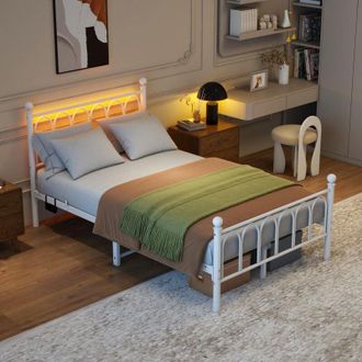 Liberte Lit 120x200 cm,avec t&ecirc;te de lit vintage, fonction de chargement usb, cadre de lit led, Blanc,Support de lattes en acier robuste