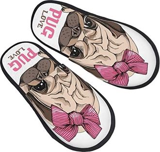 Generic Chaussons Femme Homme Chien Carlin Chiot Arc Rose Maison Pantoufles Confortable Chaussures DInt&eacute;rieur Antid&eacute;rapant Pantoufles En Peluche Pour H&ocirc;tel Ex