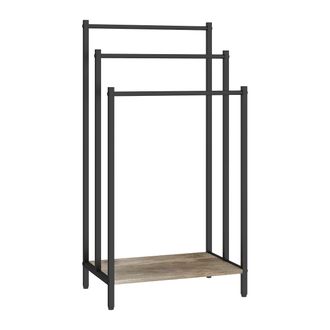 Relaxdays Handtuchst&auml;nder mit Ablage, HxBxT: 81x43x28 cm, Holzoptik, 3 Stangen, Handtuchhalter stehend, Natur/schwarz