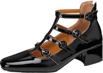 Generic Mary Janes métalliques pour Femmes à Bout carré Pompes avec Boucle en T Chunky Block Heel Chaussures habillées élégantes pour Une soirée de fête,Noir,