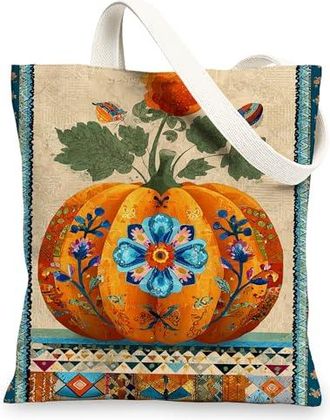 Generic Sacs fourre-tout en toile citrouille, motif floral coloré, sacs de courses réutilisables, rustiques, vintage, légers et lavables, sacs en toile pour c