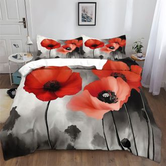Generic Tuschemalerei Rote Mohnblumen Bettwäsche 135x200 cm Grau Bettwäsche-Sets Polyester Baumwolle Bettbezug 3 Teilig, Atmungsaktiv Bettwäsche Set mit Reißv