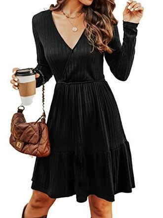 Cupshe Mini robe chic à manches longues et col en V pour femme, robe de soirée en jersey tricoté côtelé, ourlet volanté, robes dautomne décontractées, Noir, 