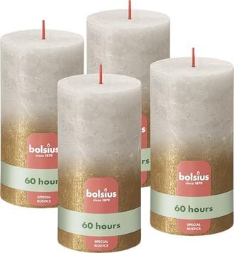 Bolsius Bougies pilier rustiques - M&eacute;tal d&eacute;color&eacute; - Gris sable et dor&eacute; - 13 cm (lot de 4)- Longue dur&eacute;e de combustion de 60 heures