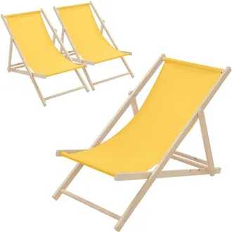 ECD Germany Ecd Germany - Lot de 3 Chaises Longues Pliantes en Bois Chiliennes, Jaune, Dossier R&eacute;glable, 3 Positions de Couchage, jusqu&agrave; 120kg, Bain de Soleil