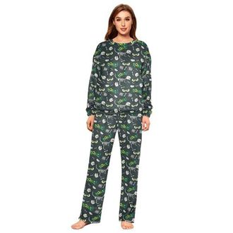 Alaza Ensemble de pyjama en polaire pour femme - Canard jaune - Vêtements de détente deux pièces - Vêtements de nuit thermiques super doux - Taille S, Dinos