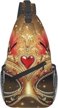 Generic Masques rouges et dor&eacute;s avec plumes, ballons et roses, sac &agrave; bandouli&egrave;re, sac &agrave; bandouli&egrave;re de voyage, sac &agrave; dos &agrave; bandouli&egrave;re pour homme, sac &agrave; dos d