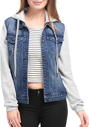 Allegra K Damen Jeansjacke mit Kapuze Langarm Button Panel Hoodie Denim Jacke Dunkelblau XL