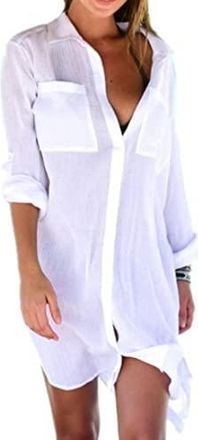 QIYUN.Z Femmes Deux Poches Cach&eacute; Bouton Plage Bikini Protection Solaire Chemise &Agrave; Manches Longues Plage Blouse Blanc Taille Unique