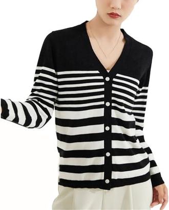 Generic Cardigan dhiver en tricot 100 % coton pour femme avec col en V ray&eacute; couleur contrast&eacute;e, Rayures noires et blanches., Taille XS