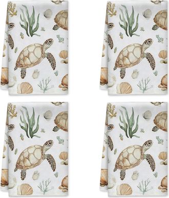 Generic K&uuml;chent&uuml;cher mit Schildkr&ouml;tenmotiv, 4er-Set, K&uuml;stenmotiv, Meeresalgen, Muschel, Gr&uuml;n, Mikrofasert&uuml;cher f&uuml;r die Reinigung des Hauses, festliche Heimdek