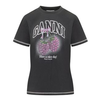 Ganni Femme, Tops, Noir, Taille: 40 FR Raspberry Basic Cotton Tee