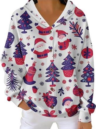 Generic Sweat à capuche de Noël pour femme avec boutons et col en V - Cardigan à manches longues - Imprimé amusant - Pull à capuche décontracté pour les vacan