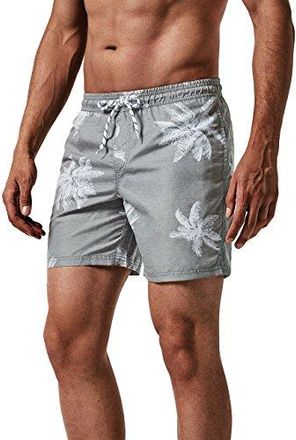 Maamgic Homme Short de Bains Maillot de Bain avec Filet Style Tropical Voyage Pants Court de Sport Séchage Vite Bien pour Vacance a la Plage, Gris Feuilles, M