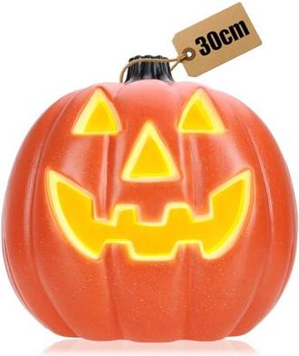 Com-Four Citrouille avec éclairage LED & minuterie (6h allumé/18h éteint) - décoration dHalloween XXL pour entrée & fenêtre - grande citrouille en plastique (o