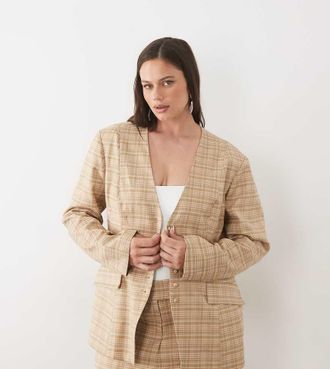 Asos Curve - Blazer densemble &agrave; carreaux avec taille cintr&eacute;e-multicolore