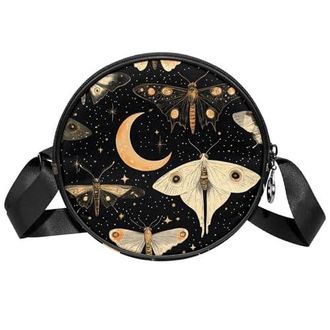 Generic Sac &agrave; bandouli&egrave;re rond pour femme, motif papillon, lune, petit sac &agrave; bandouli&egrave;re avec fermeture &eacute;clair, bretelles r&eacute;glables, sac &agrave; main rond d&eacute;contrac