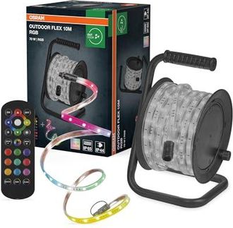 Osram Outdoor Flex RGB LED Streifen 10M IP65, inkl. Fernbedienung, bis 50 m erweiterbar, mit Kabeltrommel, Anschlusskabel, Zubeh&ouml;r