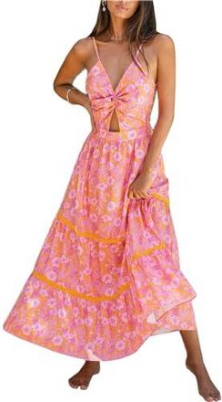 Cupshe Robes dété pour Femmes Col en V Cachemire sans Manches Occasionnel Couper Front tordu Robes de Plage Maxi