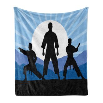 Abakuhaus Kung Fu Weiche Kuscheldecke Sofadecke, Karate M&auml;nner Silhouetten Sun, Gem&uuml;tlicher Pl&uuml;sch f&uuml;r den Innen- und Au&szlig;enbereich, 175 x 230 cm, Sky Blue Grau