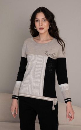 Passioni Strickpullover in Grau und Schwarz, mit Fischgrätenmuster
