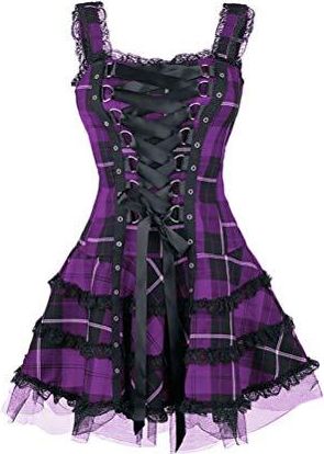 Minetom Femme Halloween Mini Robe À Carreaux Robes De Cocktail sans Manches Rétro Rockabilly Bandage Corsage Dentelle Gothique Steampunk Robe A Violet S