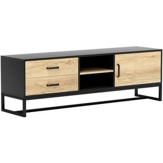 HOMCOM Homcom - Meuble tv moderne - porte, &eacute;tag&egrave;re, 2 tiroirs, 2 niches - acier noir effet bois