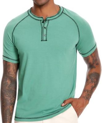 Nutria Henley U16A T-shirt en coton pour homme T-shirt à manches courtes décontracté T-shirt dété léger Coupe ajustée avec bouton, vert, XL