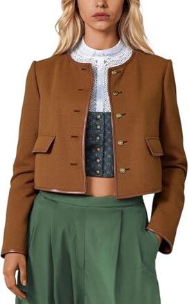 Generic Vestes pour femmes grande taille manteau tendance col rond veste courte avec boutons en m&eacute;tal et d&eacute;tails de garniture pour un usage quotidien, marron,