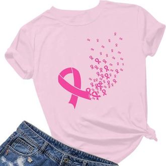 Generic Octobre Rose Tee Shirt Femme Tee Shirt Octobre Rose Cancer du Sein T-Shirts à Manches Courtes Noeud Femme Mode Décontracté Col Rond Tops