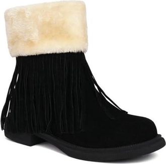 Generic Bottines dhiver &agrave; talon bloc bas pour femme avec pampilles et bordure en fausse fourrure - Chaussures dext&eacute;rieur confortables et chaudes, Noir, 39.5 E