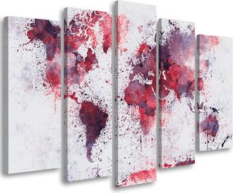 Feeby Leinwandbild 5-teilig 200x100 cm Erdkunde Weltkarte Kontinente Bild Wanddeko Wand Bild Kunstdruck Deko Wohnzimmer Konturenkarte Ozeane Abstraktion Vio