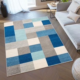 Tapiso Lazur Tapis Poil Ras Moderne Turquoise Gris Blanc Bleu G&eacute;om&eacute;trique Motif Carreaux Tapis Salon Chambre Adulte Salle &agrave; Manger Bureau Oeko-TEX R&eacute;sistant 