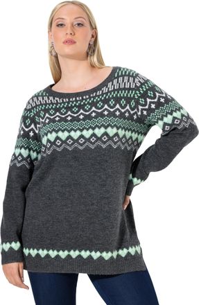 Ulla Popken Damen große Größen Übergrößen Plus Size Norweger-Pullover, Rundhals, Langarm, weicher Strick dunkelgrau Melange 46+ 834122118-46+
