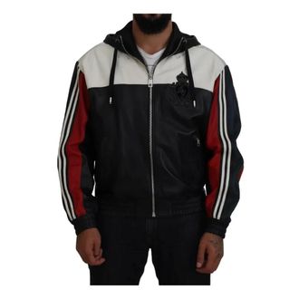 Dolce & Gabbana Homme, Vestes, Multicolore, Taille: XL Veste Bomber en Cuir Noir à Capuche
