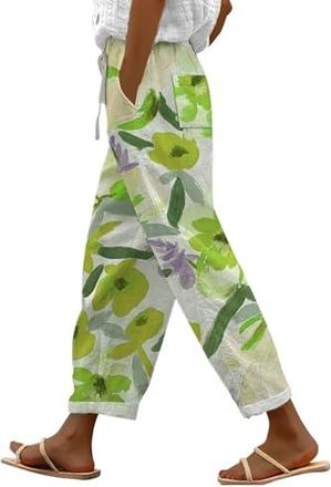 Generic Pantalon capri &agrave; imprim&eacute; floral pour femme - Taille haute - Cordon de serrage - Longueur 3/4 - Avec poches - Confortable - Toucher coton - Pantalon de