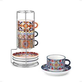 VANCASSO SIMI - Lot de 8 Tasses &agrave; Caf&eacute; avec Soucoupes (90ml) - Service &agrave; Caf&eacute; pour 4 Personnes - Porcelaine R&eacute;sistante pour Expresso, Cappuccino - Design Boh&egrave;m