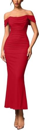 Generic Robe Soiree Femme Robe Cocktail Robe Longue Moulante Sexy À Épaules Dénudées Et Dos Nu en Maille À Chevrons pour Femme Plissée Et en Maille À Chevrons