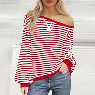 Generic Sweats surdimensionnés pour femmes Y2K classiques rayés étoiles manches longues col rond pull tops décontracté ample sans capuche, Z06-rouge, XXL