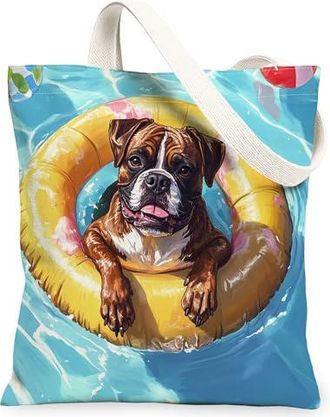 Generic Sac fourre-tout amusant en toile motif chien boxer pour faire du shopping, 33 x 38,1 cm, sac &agrave; bandouli&egrave;re r&eacute;utilisable pour femme, peinture danimaux 