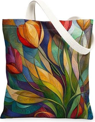 Generic Sac fourre-tout en toile de tulipe printani&egrave;re pour le shopping, 33 x 38 cm, sac d&eacute;picerie r&eacute;utilisable pour femme, sac d&eacute;picerie esth&eacute;tique pour la p