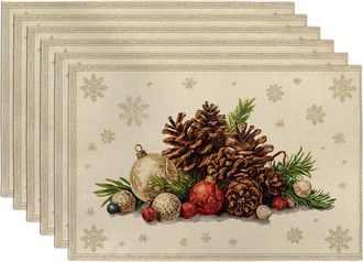 Generic Winterurlaub Tannenzapfen Platzsets, Beige Rustikale Weihnachten Tischsets f&uuml;r Esstisch rutschfest Waschbar Indoor Outdoor Party Dekorative Platzset 6