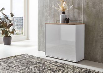 BMG Möbel home24 Kommode Typ B 79 x 73 x 33cm Weiß/Hochglanz Weiß/Eiche Artisan Dekor