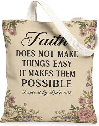 Generic Sacs fourre-tout en toile florale, motif citation inspirante, sacs &agrave; provisions r&eacute;utilisables, vintage, rustiques, l&eacute;gers, lavables &agrave; l&eacute;paule S, beige