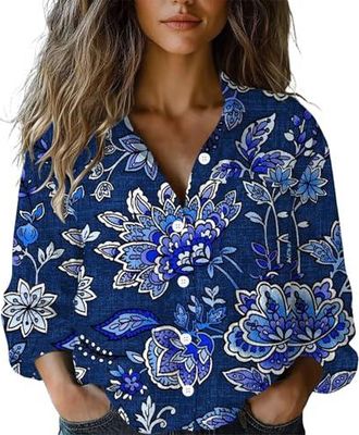 Generico Chemise Femme &Eacute;l&eacute;gant &agrave; Manches Longues Chemises Coton Et Lin Simple Grande Taille Blouse Col V Mode T Shirt Vintage Fantaisie avec Boutons Classique 