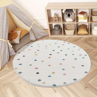 Carpet City Teppich Kinderzimmer 160 cm Rund - Kinderteppich Creme, Bunt - Gepunktet, Konfetti - Spielteppich Kinder - Babyzimmer Deko