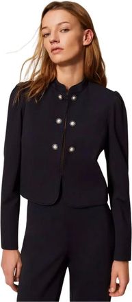 Twinset Femme, Vestes, Bleu, Taille: 38 FR Veste &agrave; Col Cor&eacute;en avec Boutons D&eacute;coratifs