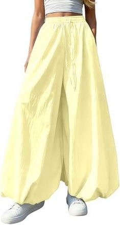 Generic Pantalon en coton et lin pour femme - Jambe large - Pantalon de plage d&eacute;t&eacute; pour femme - Confortable - Pantalon de yoga Palazzo XIYU26040, jaune, M