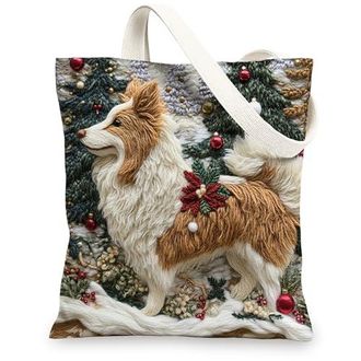 Generic Sac fourre-tout en toile r&eacute;utilisable motif chien de berger Shetland de No&euml;l pour faire du shopping, 33 x 38,1 cm, sac d&eacute;picerie r&eacute;utilisable pour fem